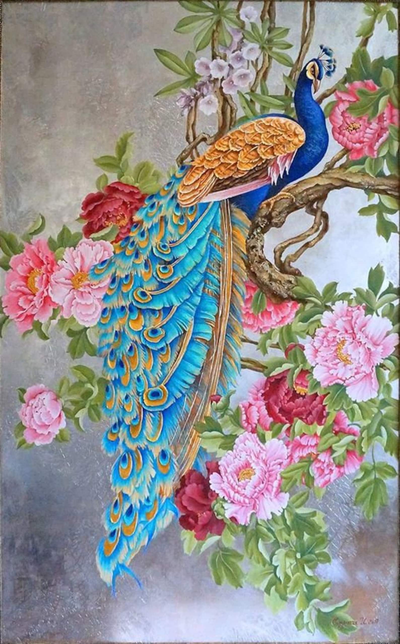 Peacock Cross Stitch Pattern, Peacock With Flowers Counted Cross Stitch ...