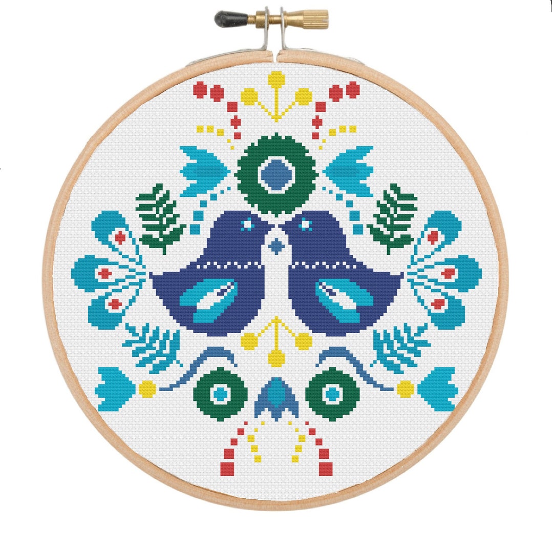 Scandinavian Folk Cross Stitch Pattern, Blue Bird Cross Stitch Pattern ...