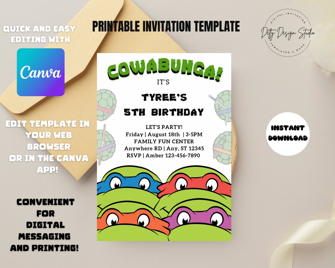 Turtles Invitations, Editable Birthday Invitation, CANVA Template ...