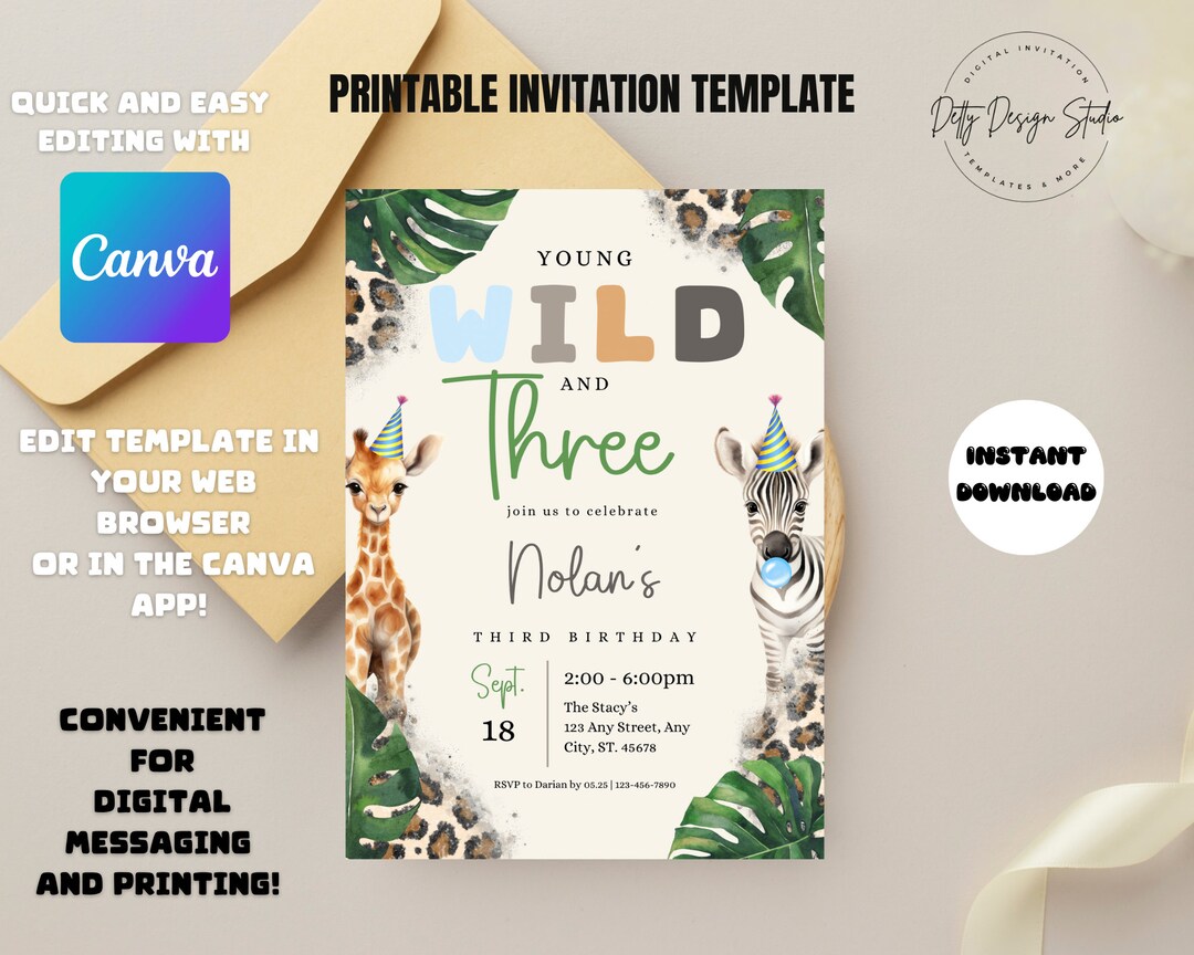 Wild and Three Birthday Invitation: Safari Animals, Floral (digital ...