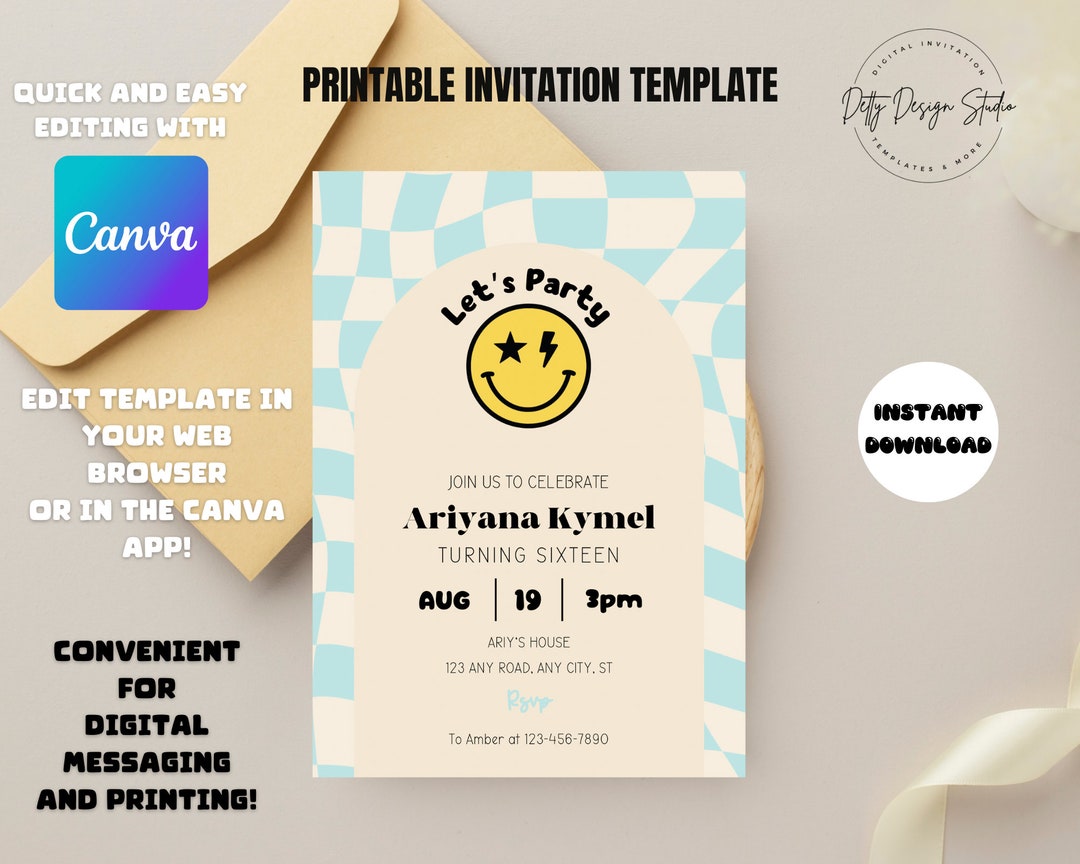 Editable Smiley Face Invitation, Birthday Invitation, Printable ...