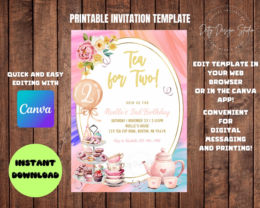 Editable Tea for Two Birthday Party Invitation, Printable Birthday ...