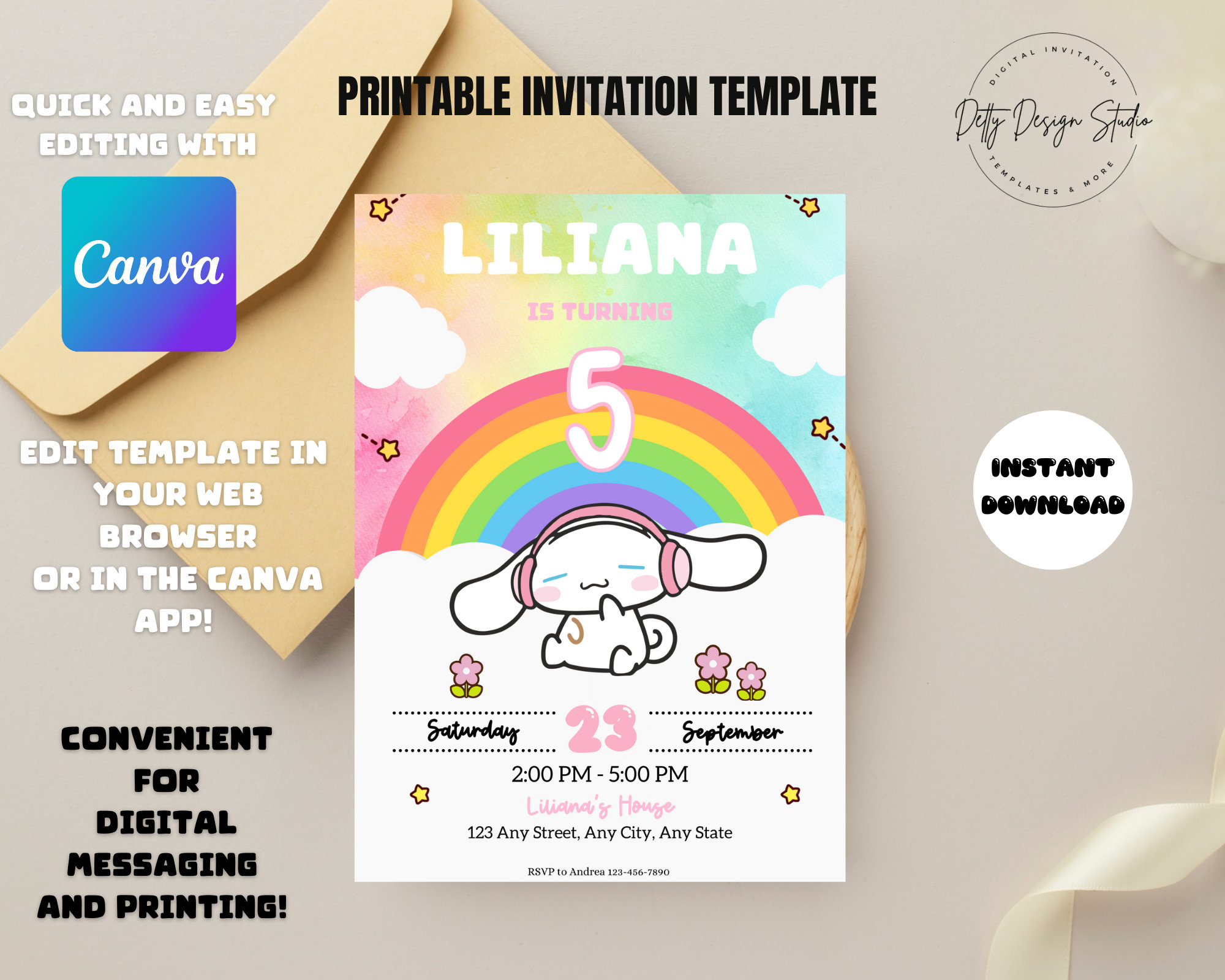 Kawaii Cinna Bunny Editable Kitty Birthday Invitation, Girls Birthday ...