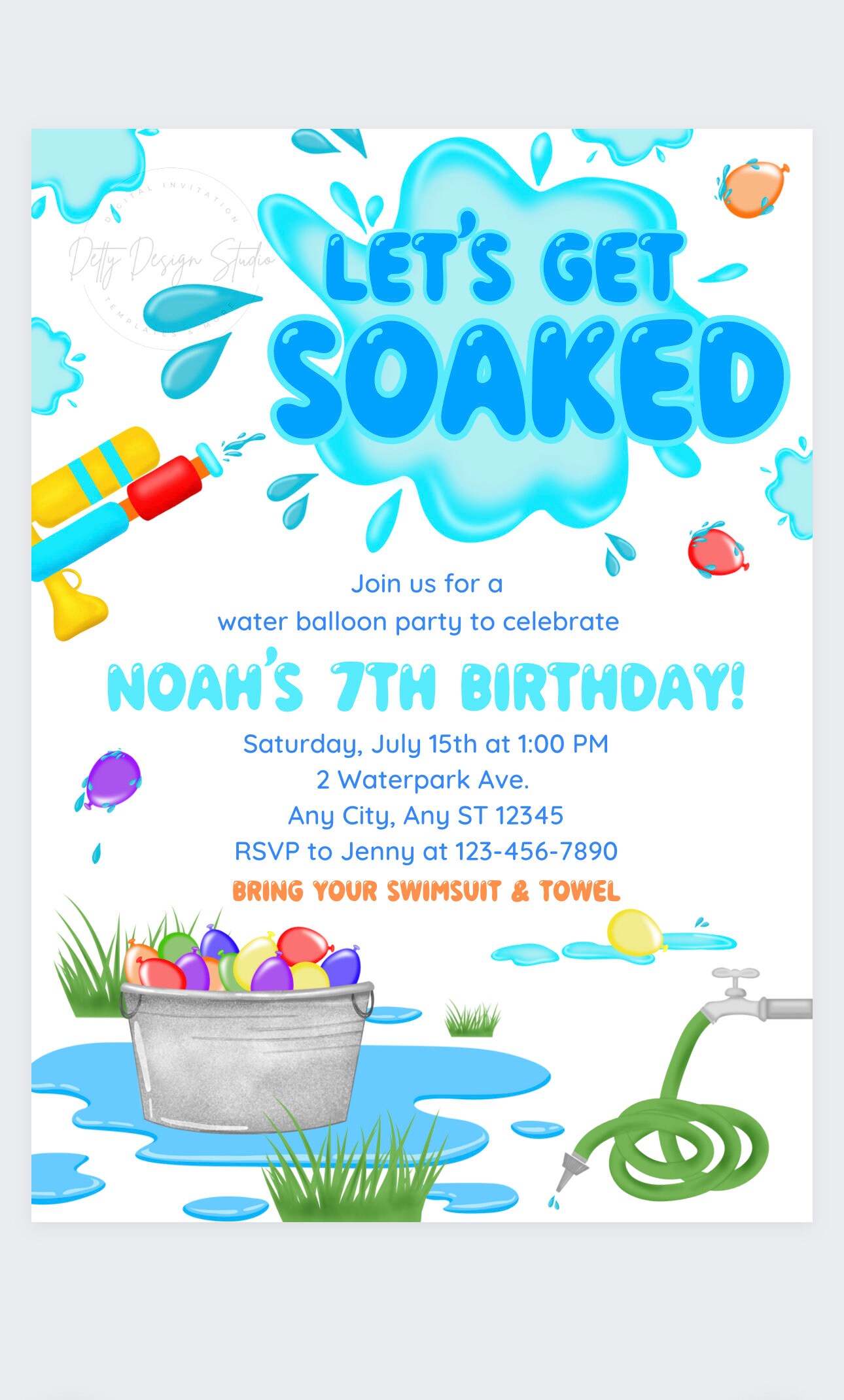 Water Balloon Squirt Gun Birthday Party Invitation, Editable Birthday ...
