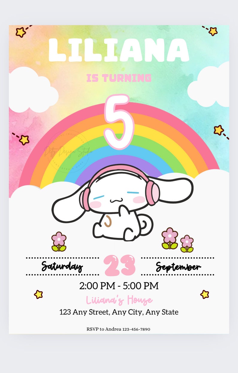 Kawaii Cinna Bunny Editable Kitty Birthday Invitation, Girls Birthday ...