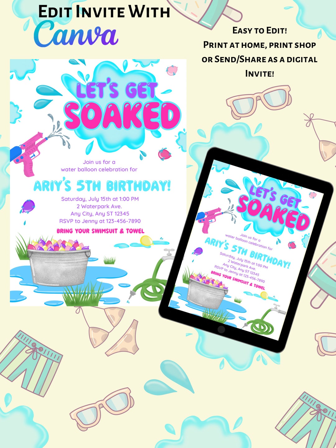 Summer Party Invitation Water Party Invitation Editable - Etsy