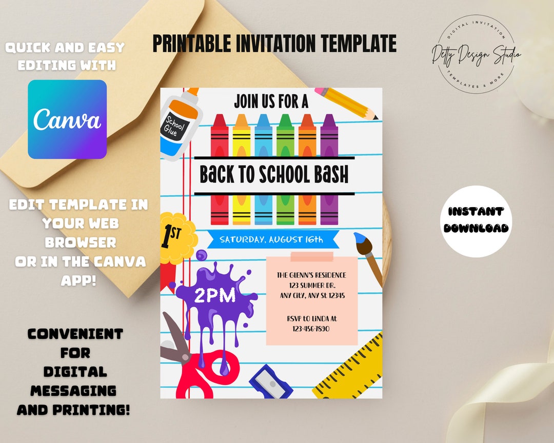 Back to School Party Invitation, Digital Download, Editiable Template ...