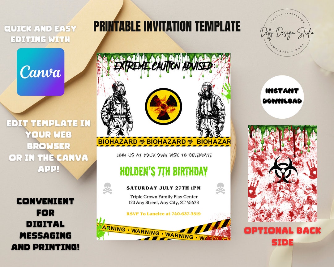 Editable Biohazard Birthday Invitation, Birthday Party Invite, Zombie ...