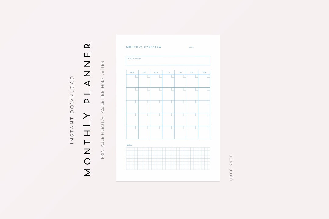 Printable Minimalist Monthly Overview blue My Month Planner Digital ...