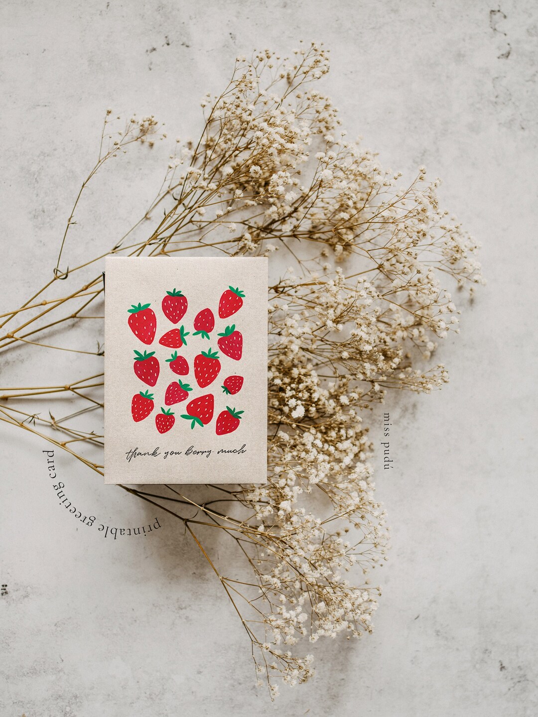 Printable Thank You Berry Much Card | Hand Painted Strawberries ...