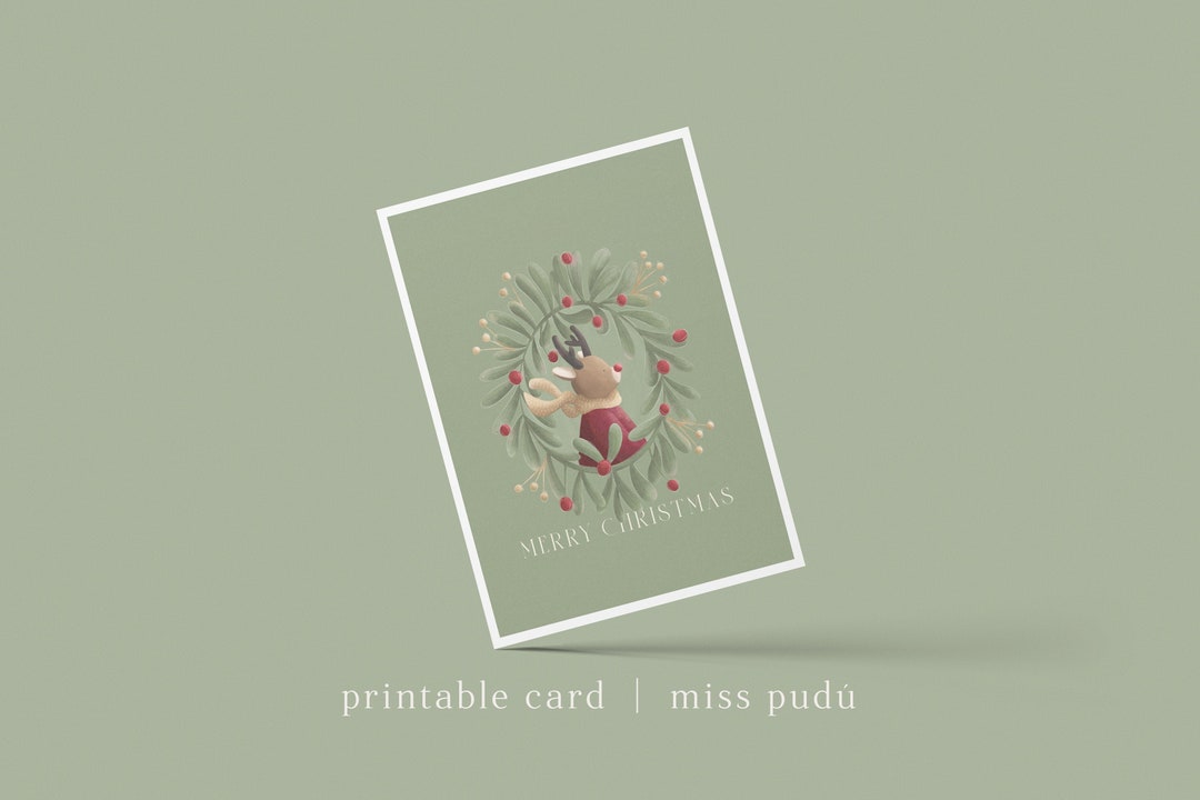 Printable Merry Christmas Card Rudolph Illustration Digital Download ...