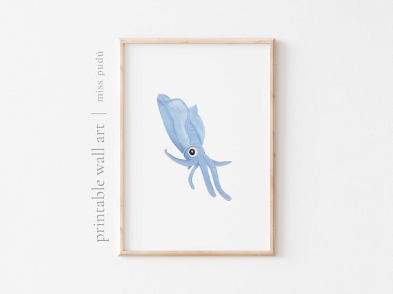 PRINTABLE Blue Squid Illustration Under the Sea Poster. - Etsy
