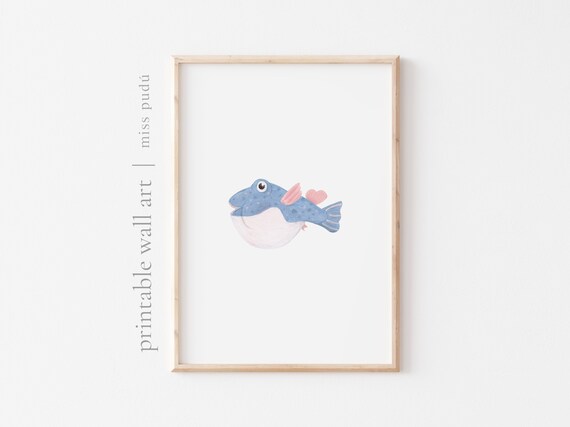 Blue Pufferfish Illustration printable Under the Sea - Etsy
