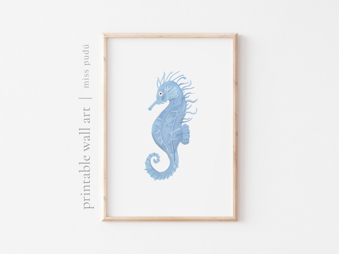 PRINTABLE Blue Seahorse Illustration Under the Sea Poster. Original ...