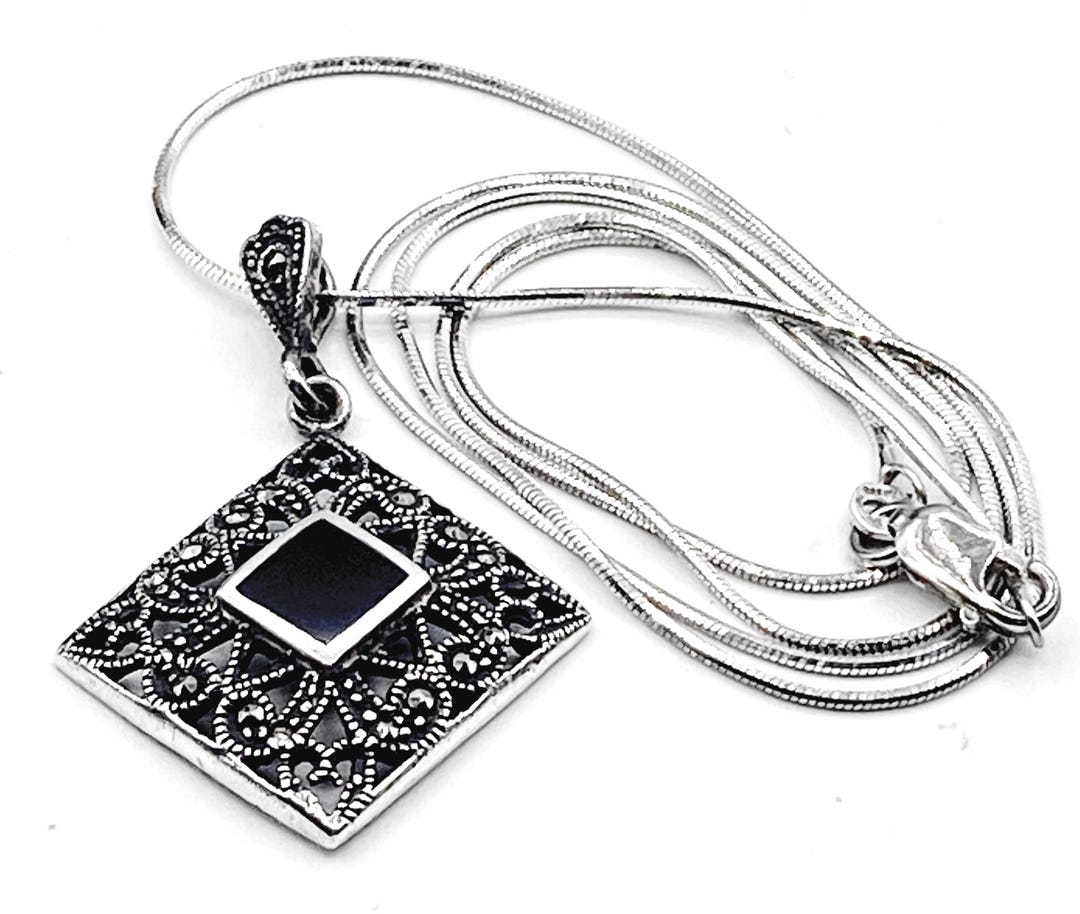 Classy Vintage MARSALA Marcasite, Onyx and Sterling Pendant on Slinky ...