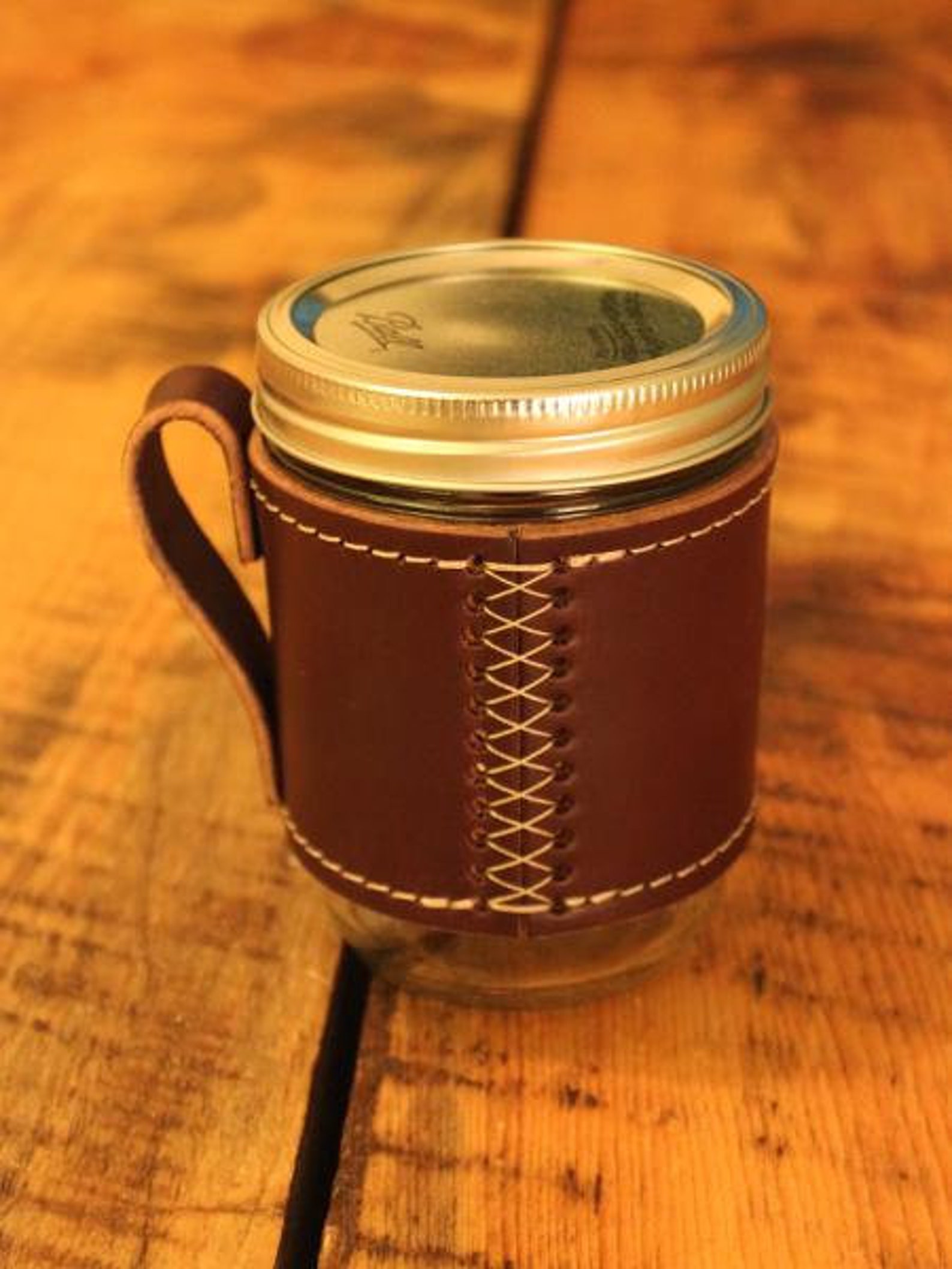 Leather Mason Jar Holders! - Leather Mason Jar Sleeve, Leather Cozie ...