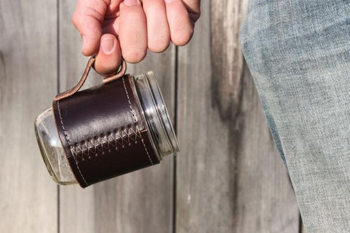 Leather Mason Jar Holders! - Leather Mason Jar Sleeve, Leather Cozie ...