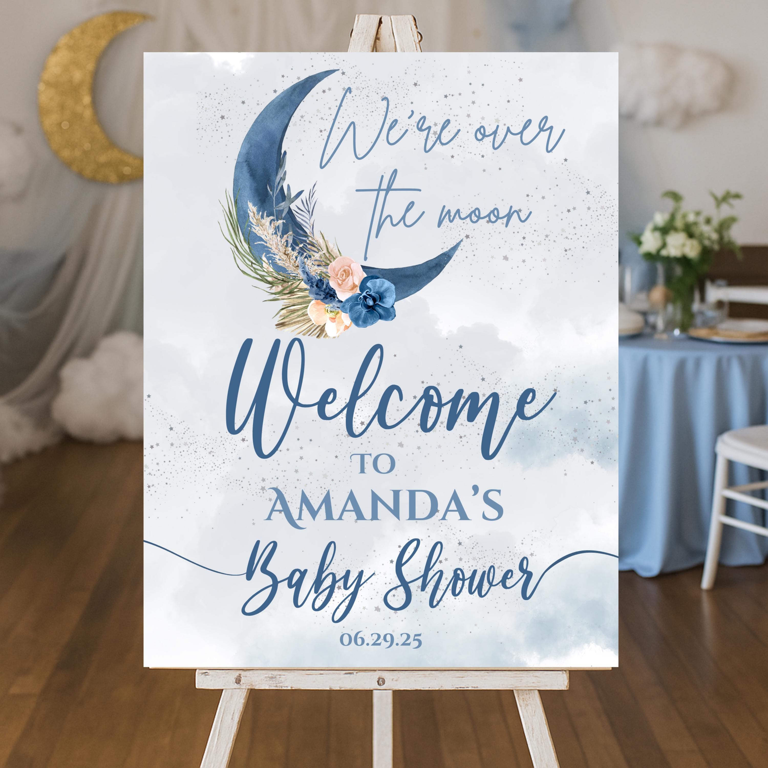 Celestial Baby Shower Welcome Sign: Watercolor Moon, Editable Canva ...