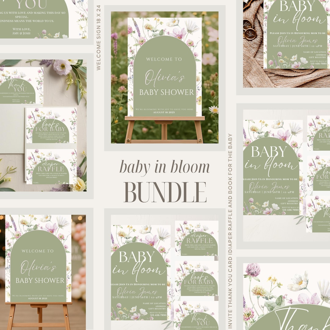 Floral Baby Shower Printable Bundle: Editable Invitation, Sign, Cards ...