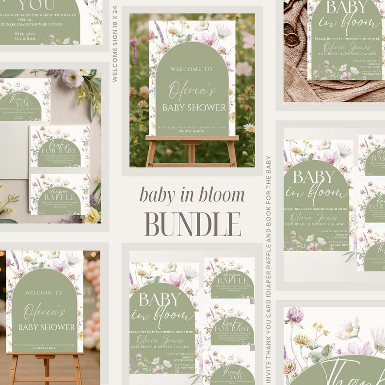 Floral Baby Shower Printable Bundle: Editable Invitation, Sign, Cards ...