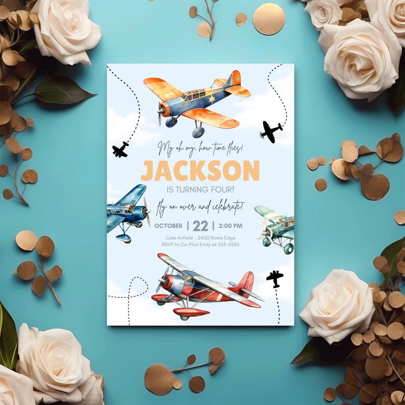 Airplane Birthday Invitation - Editable Canva Template - Instant ...