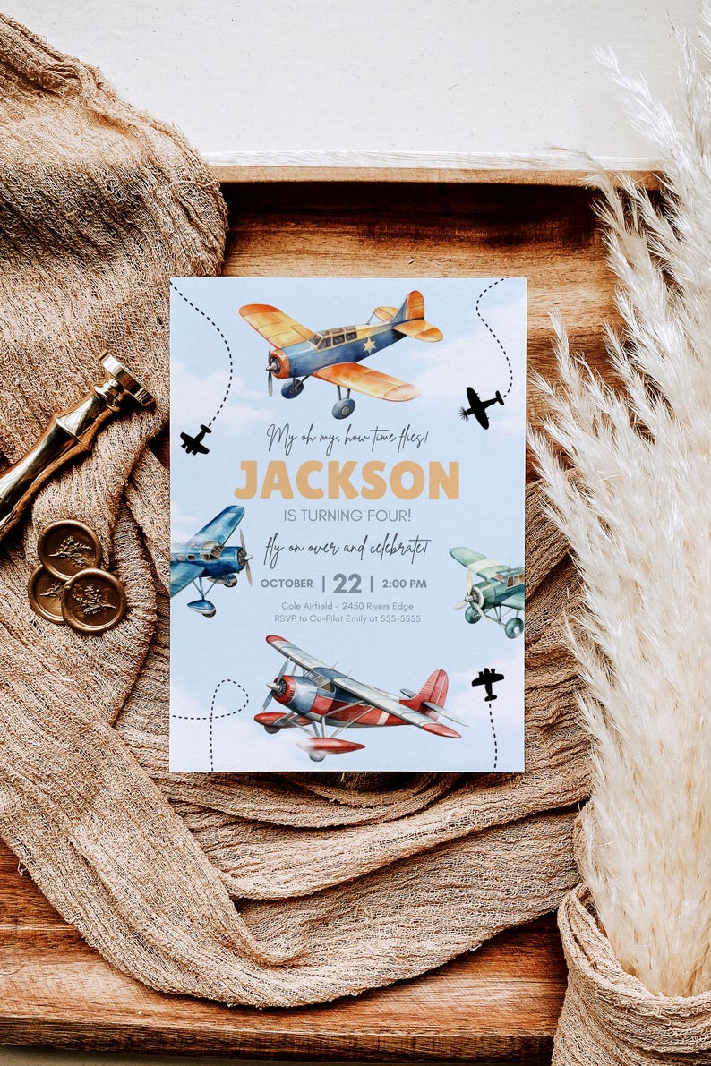 Airplane Birthday Invitation - Editable Canva Template - Instant ...