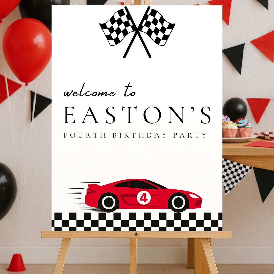 Race Car Birthday Welcome Sign: Checkered Flag Party Decor (digital ...