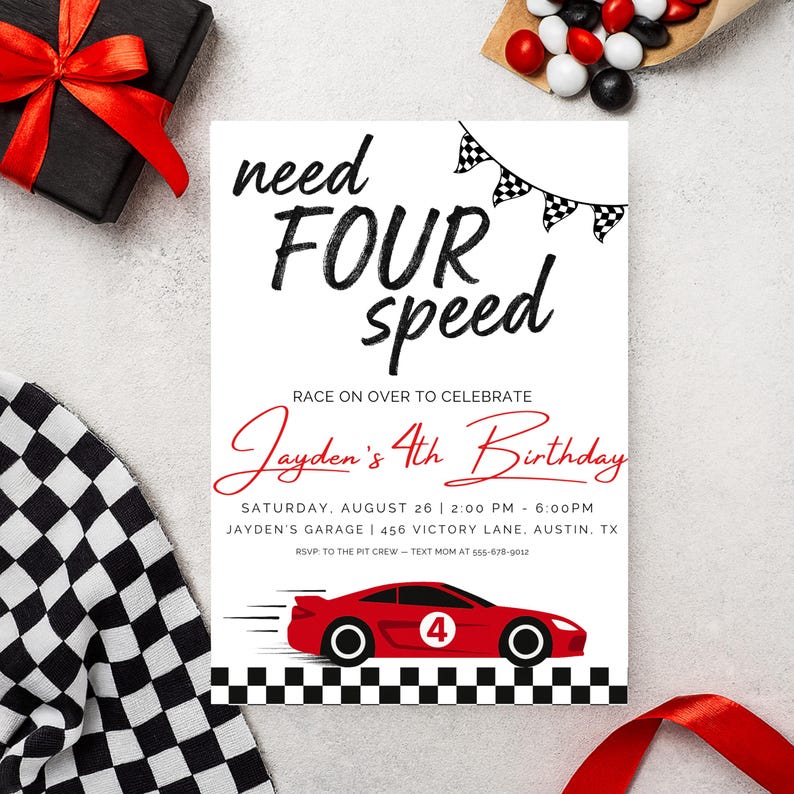 Race Car 4th Birthday Invitation: Need Four Speed (digital Download) - Etsy