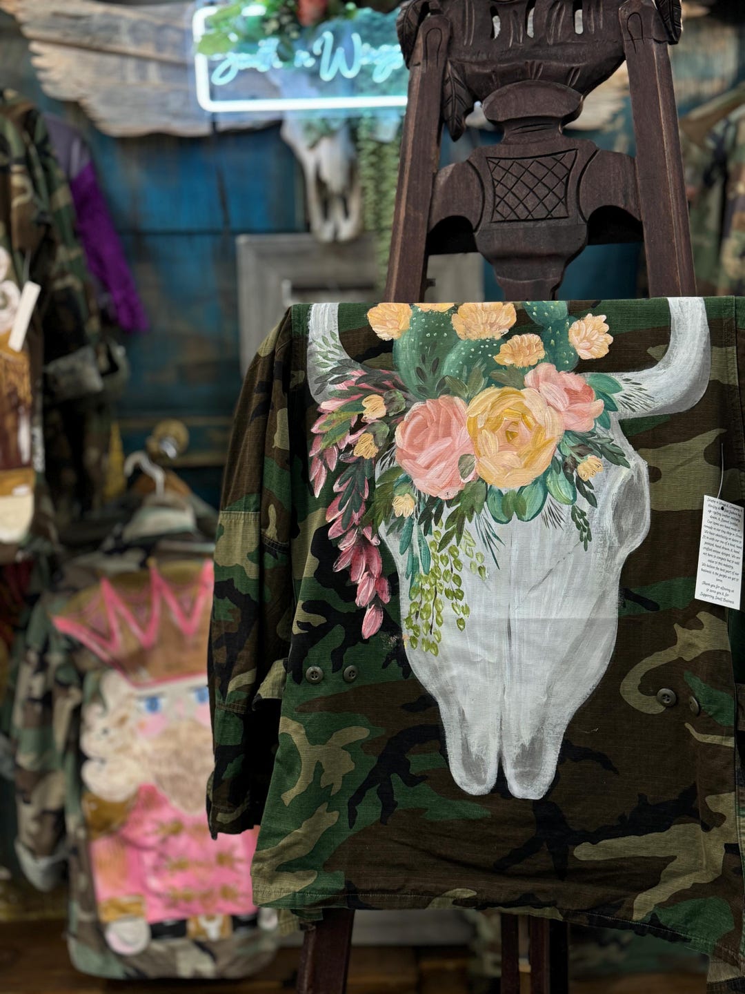 Hand Painted Longhorn Cow Skull Jacket Military Camo Boho Bohemian ...