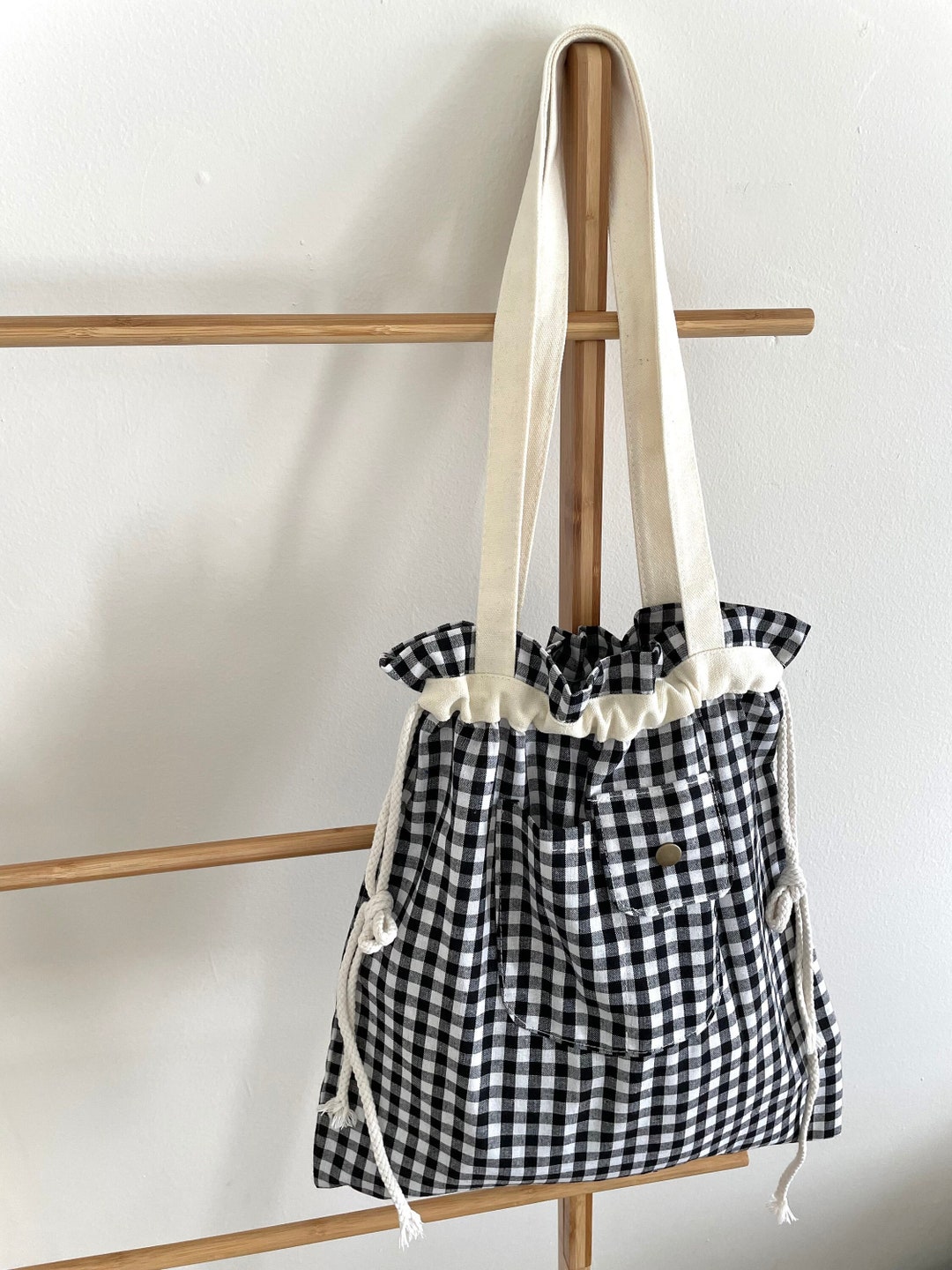 Plaid Drawstring Tote Bag With Pocket | Cute Tote Bag | Bag for Women ...