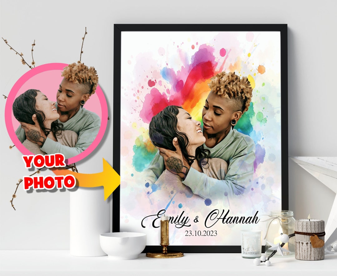 Lesbian Wedding Portrait Photo Frame, Watercolor Pride Rainbow ...