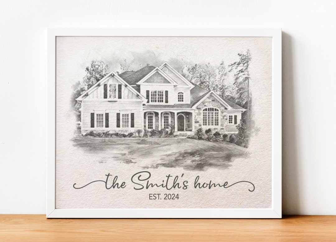 House & Family Last Name Pencil Drawing, Personalized House Portrait ...