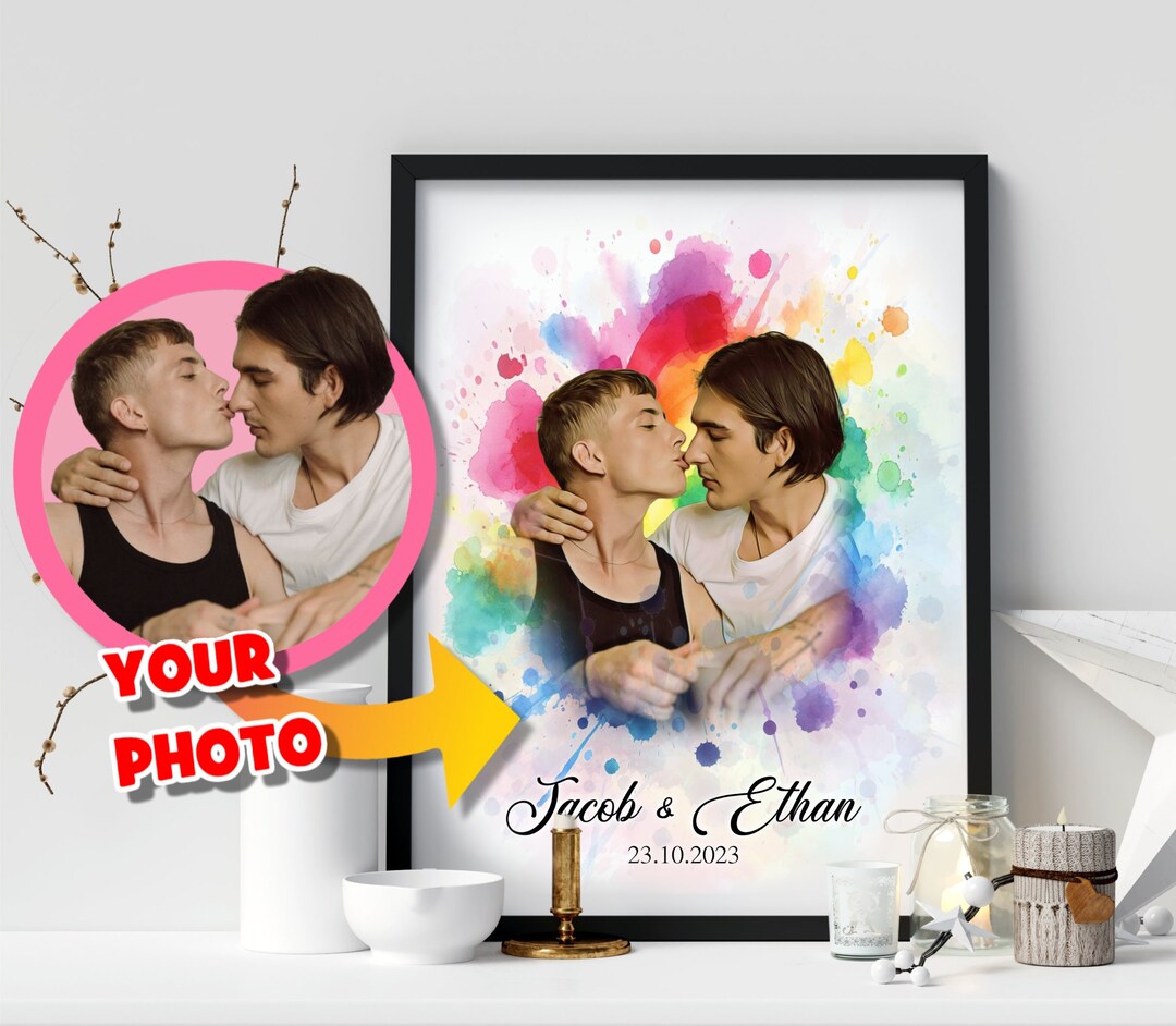 Gay Wedding Portrait Photo Frame, Watercolor Splash Pride Rainbow ...