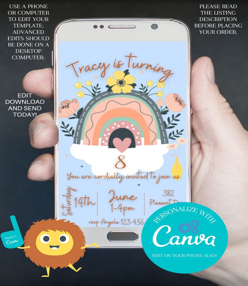 Editable Boho Rainbow Birthday Party Digital Invitation Card - Etsy