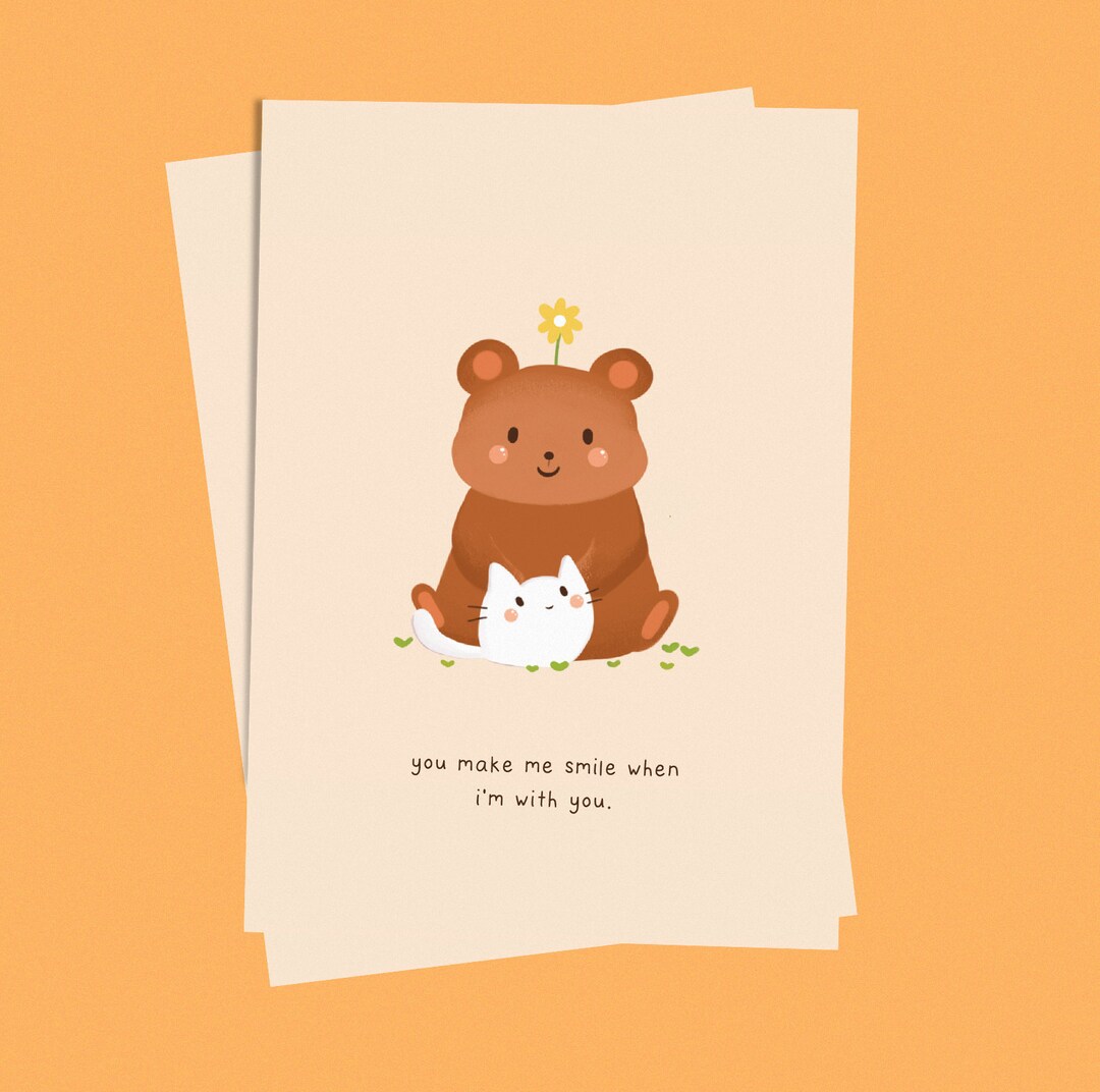 Cute Bear and Cat Postcard Art Print - Etsy