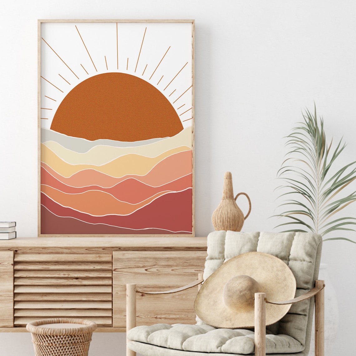 Boho Rising Sun Mountain Art Print Abstract Landscape Poster | Etsy