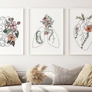 Floral Medical Poster Set of 3, Flower Anatomy Art Print Set, Brain ...