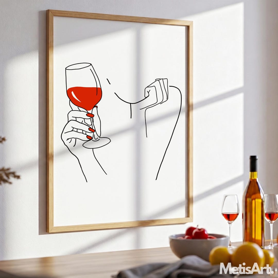 Woman Red Wine Line Art Print for Wine Lover, Kitchen and Bar Wall ...