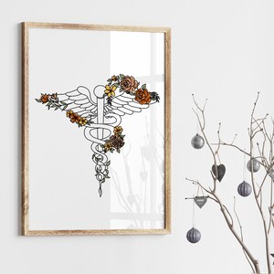 Floral Caduceus Poster, Medical School Gift, Doctor Graduation Gift ...