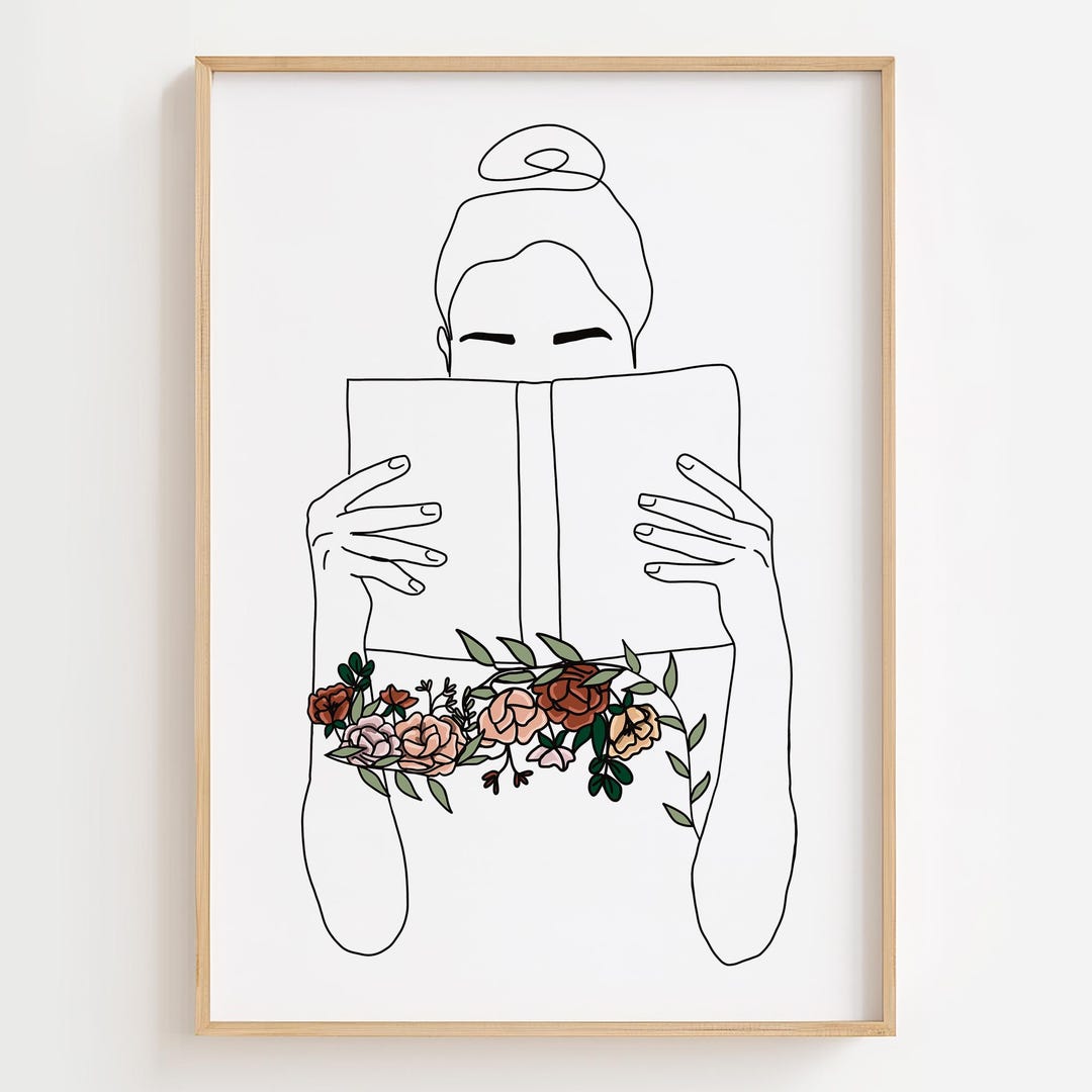Woman Floral Book Print, Bookish Wall Decor, Flower Book Hand Poster ...