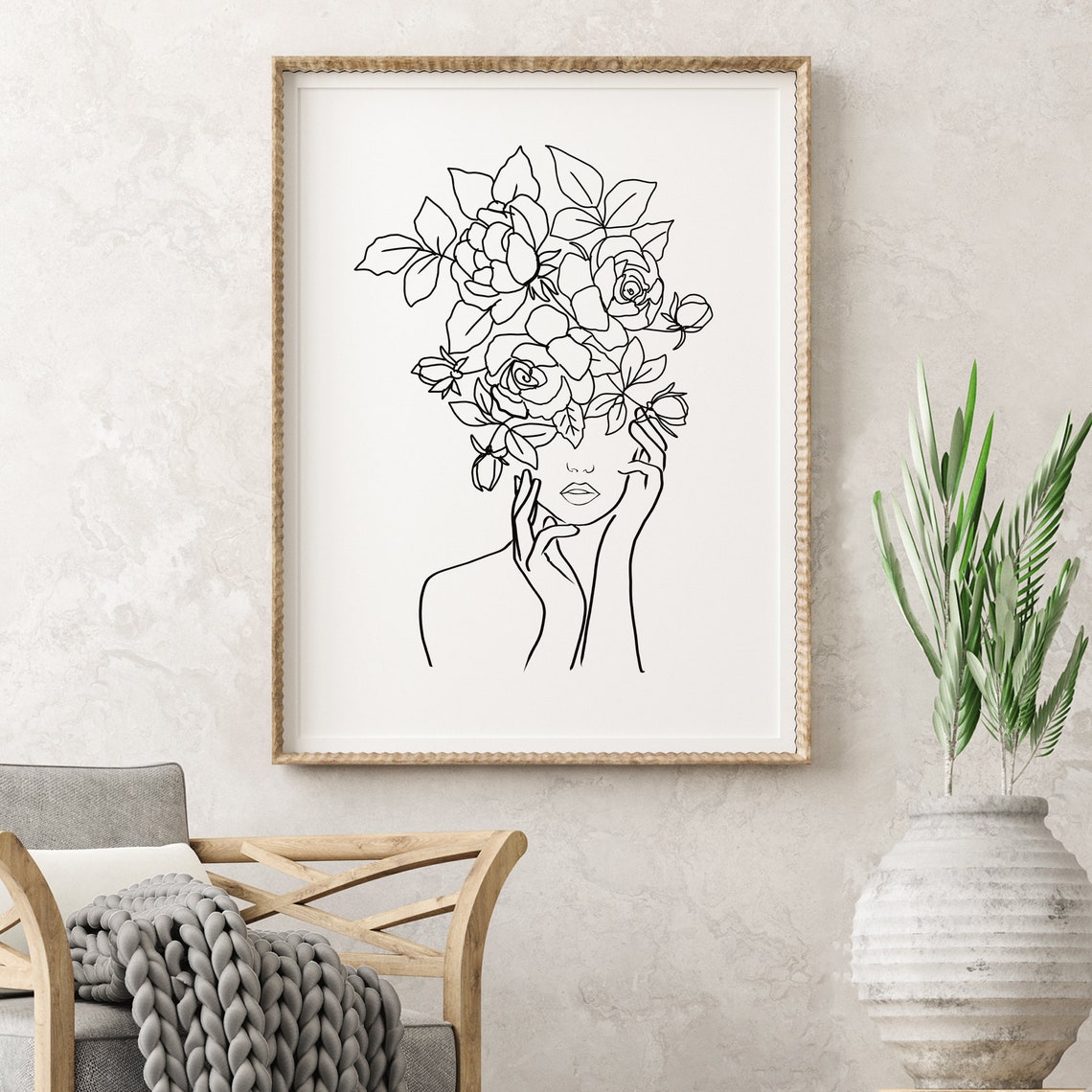 Line Drawing Woman Flower Head Print Line Art Woman Girly - Etsy