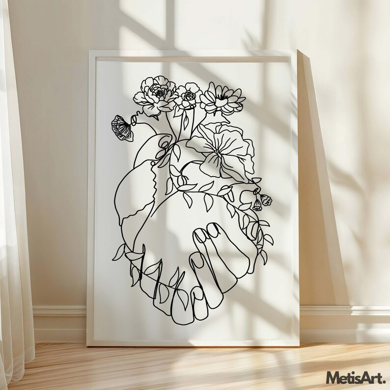 Heart Held by Hands Art Print- Floral Cardiology Sketch - Botanical ...