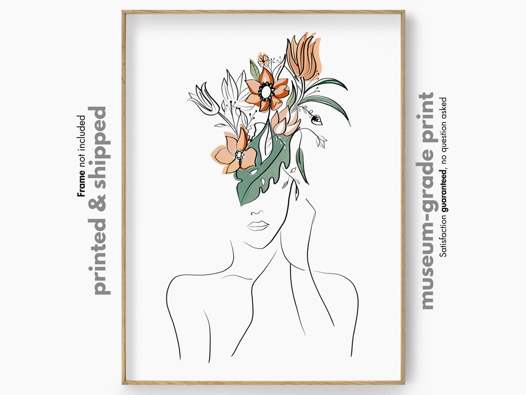 Flower Head Woman Line Art, Colorful Flower Woman Wall Art, Single Line ...