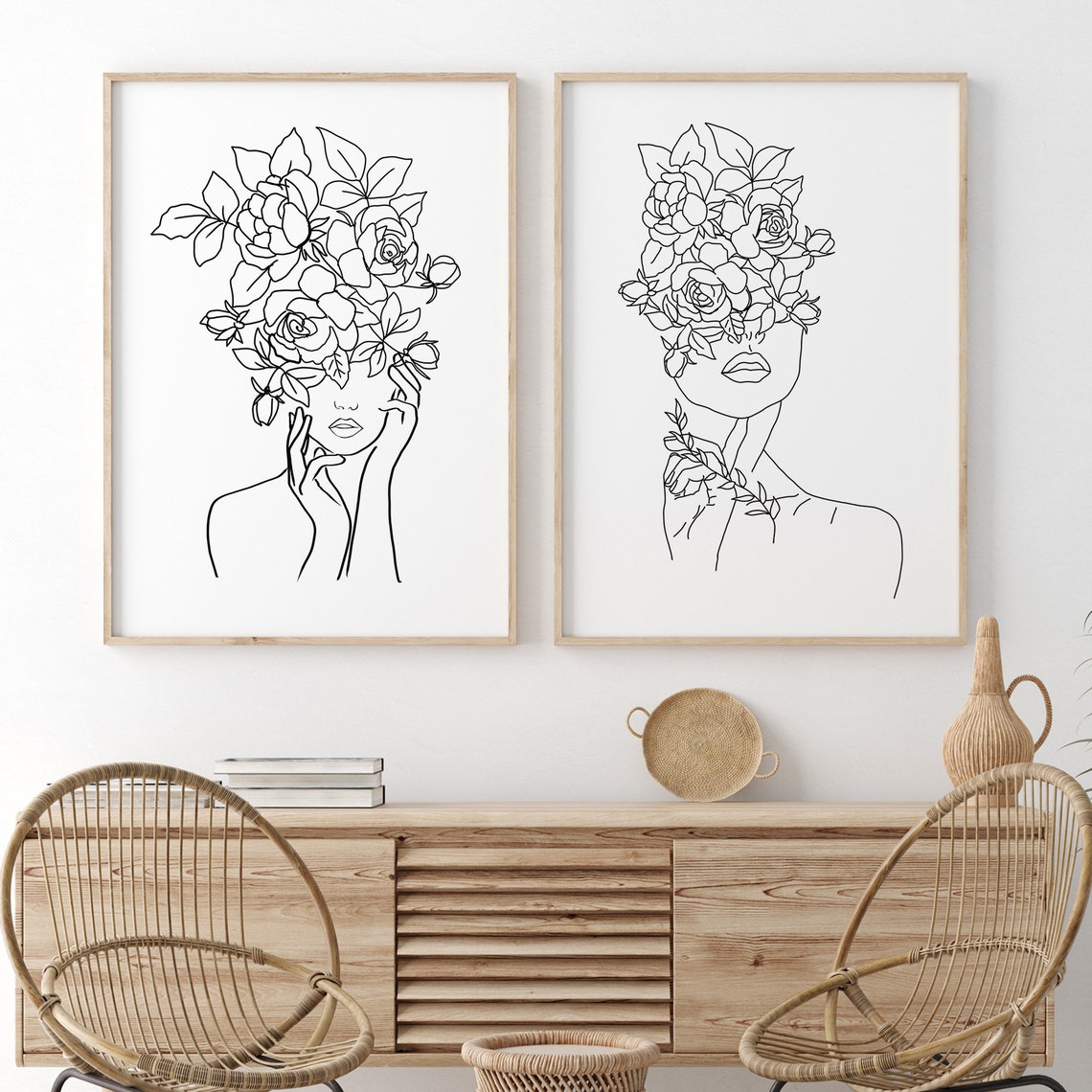 Flower Head Female Line Art Set of 2 Prints Head of Flowers - Etsy