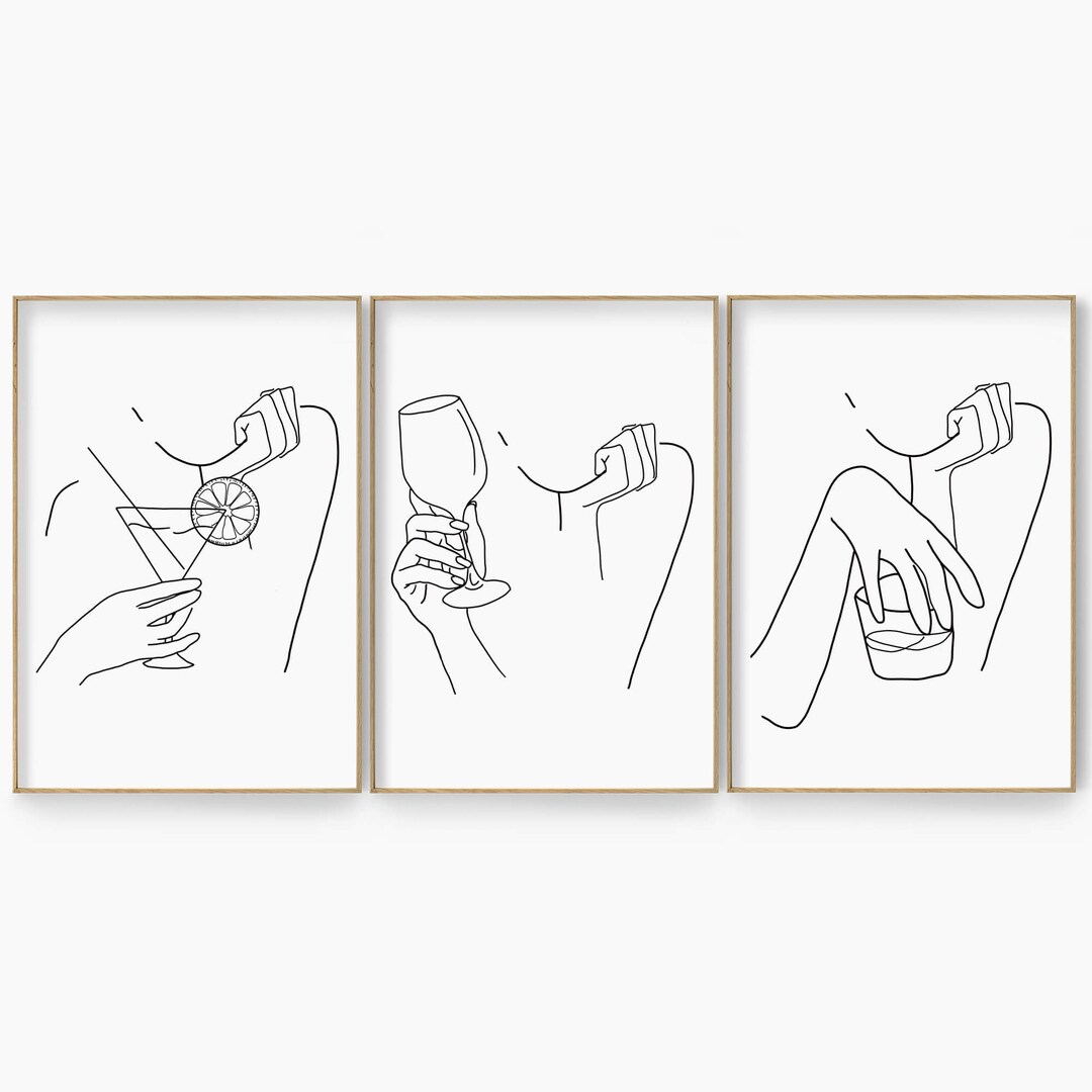Minimalist Alcohol Line Art Print Set, Bar Gallery Wall Art, Black and ...