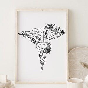 Minimal Botanical Caduceus Wall Art, Floral Nurse Gift Idea, Doctor ...