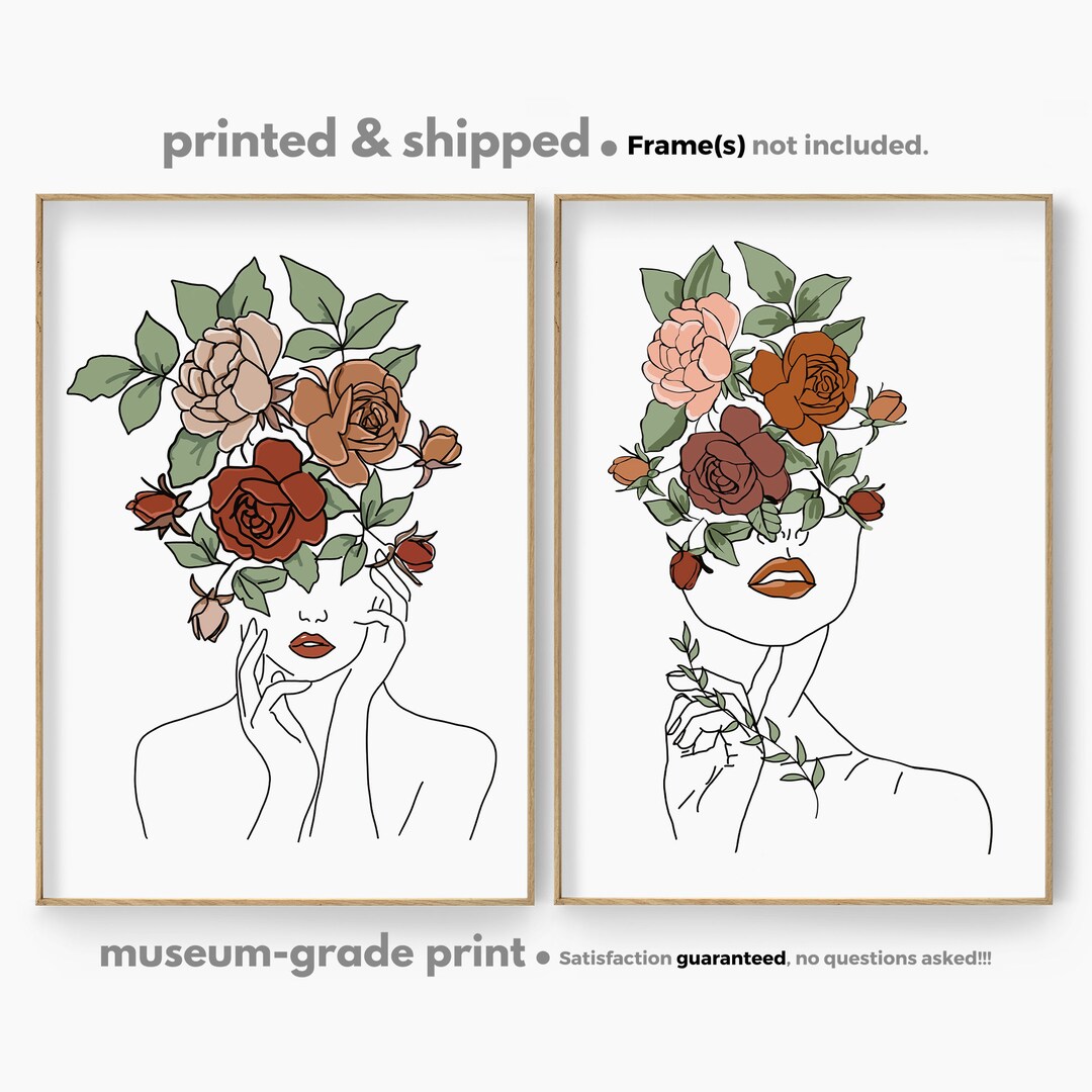 Roses Head Woman Line Art Set, Head of Flowers Art, Set of 2 Prints ...