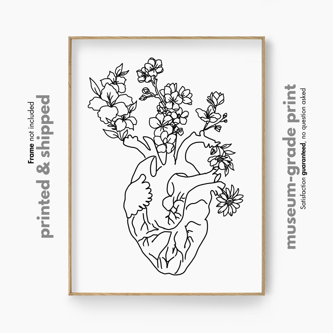 Heart Anatomy Black White Print, Botanical Heart Poster, Modern Medical ...