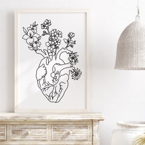Heart Anatomy Black White Print, Botanical Heart Poster, Modern Medical ...