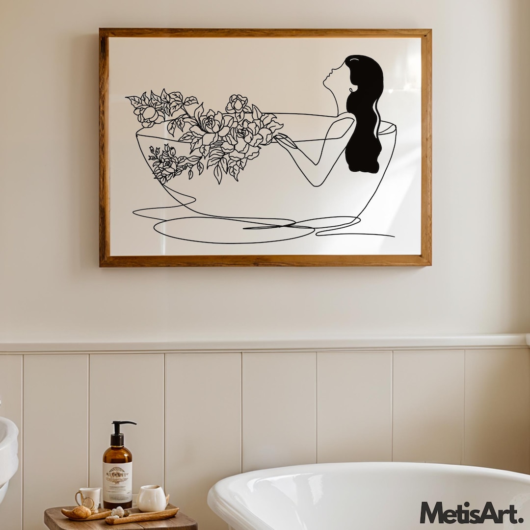 Bathtub Art Print - Floral Soak Line Drawing - Modern Bath Wall Decor ...